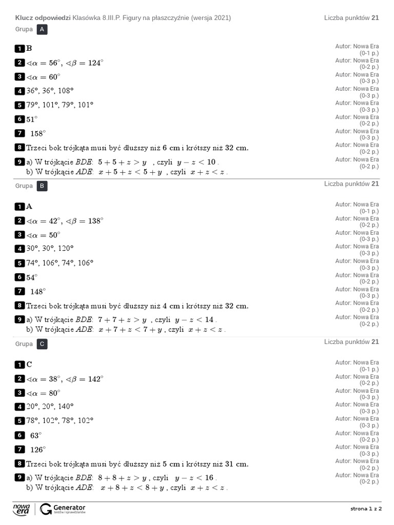 Klasówka 8.III.P. Figury Na Płaszczyźnie (Wersja 2021) Klucz Odpowiedzi ...