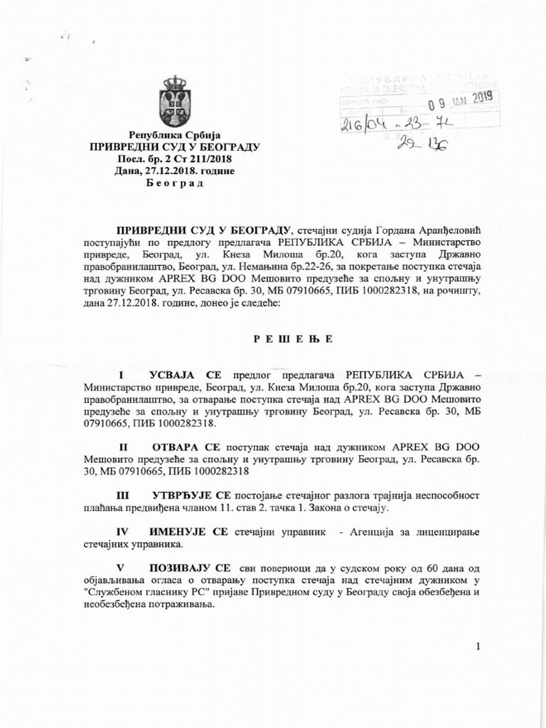 Resenje o Otvaranju Stecajnog Postupka | PDF