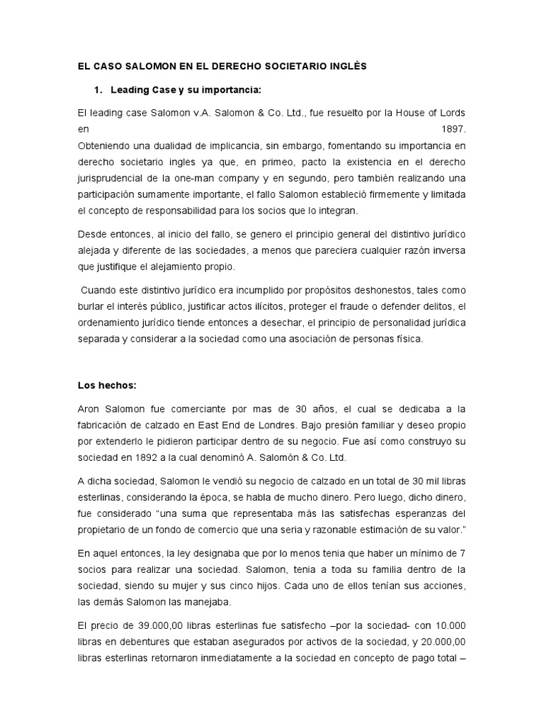 El impacto del caso Salomon en derecho societario | PDF | Sociedad