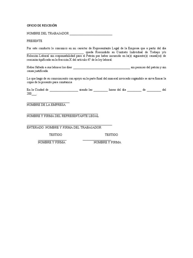 Oficio de Rescisión Del Contrato Laboral | PDF