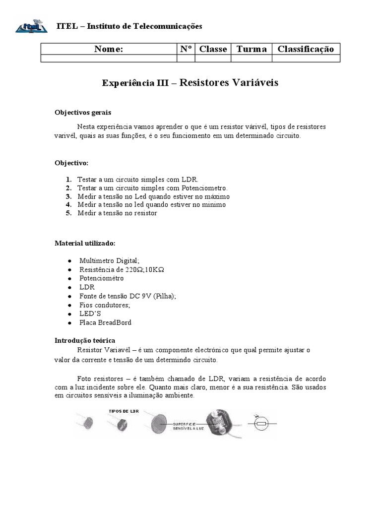Resistor Váriavel Experiencia III - LDR | PDF | Resistor | Rede elétrica