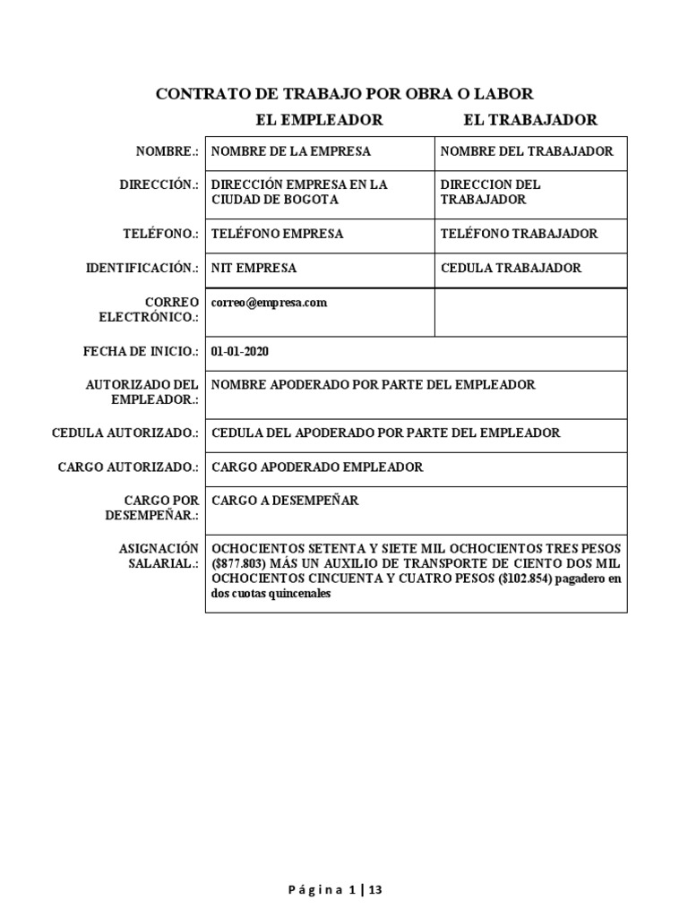 Contrato de Trabajo Por Obra o Labor Macro | PDF
