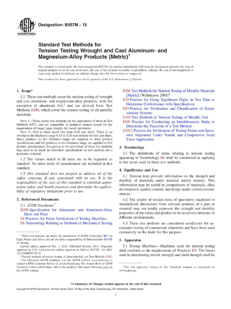 ASTM B557 15 Standard Test Methods For Tension Testing Wrought and Cast ...
