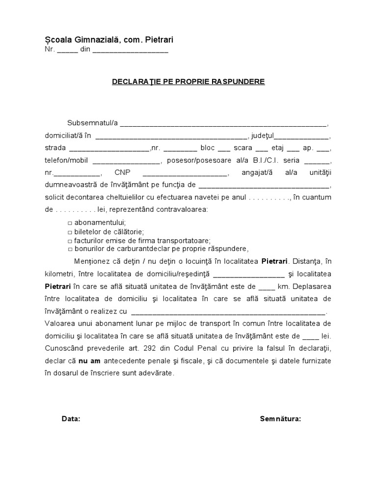 Declaratie Propria Raspundere Dec. Naveta | PDF