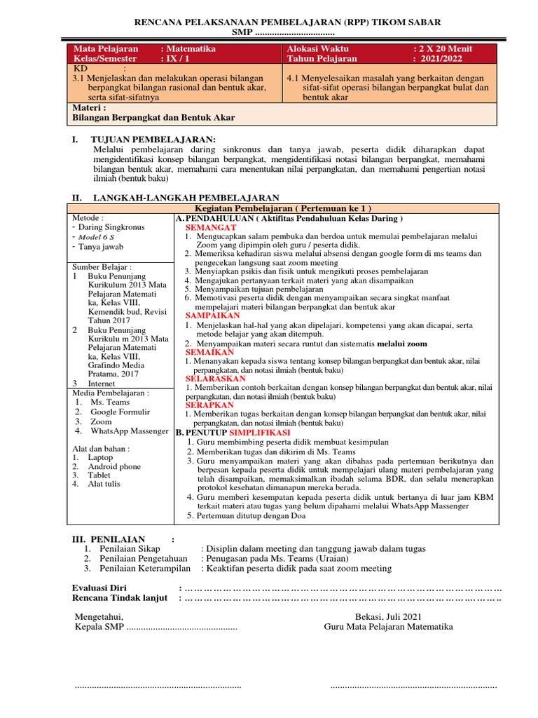 RPP Bilangan Berpangkat Dan Bentuk Akar - Edit-1 | PDF