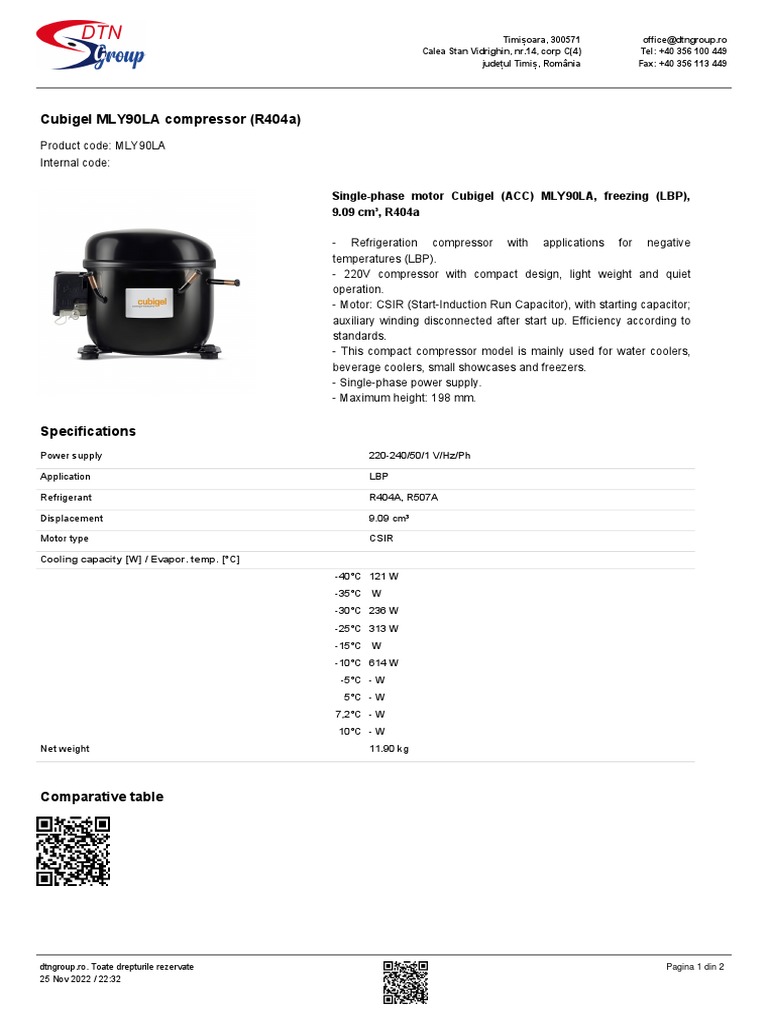 Cubigel Mly90la Compressor R404a | PDF