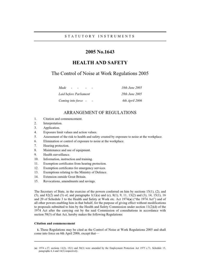 The Control of Noise at Work Regulations 2005: 2005 No.1643 Health and Safety | Download Free ...