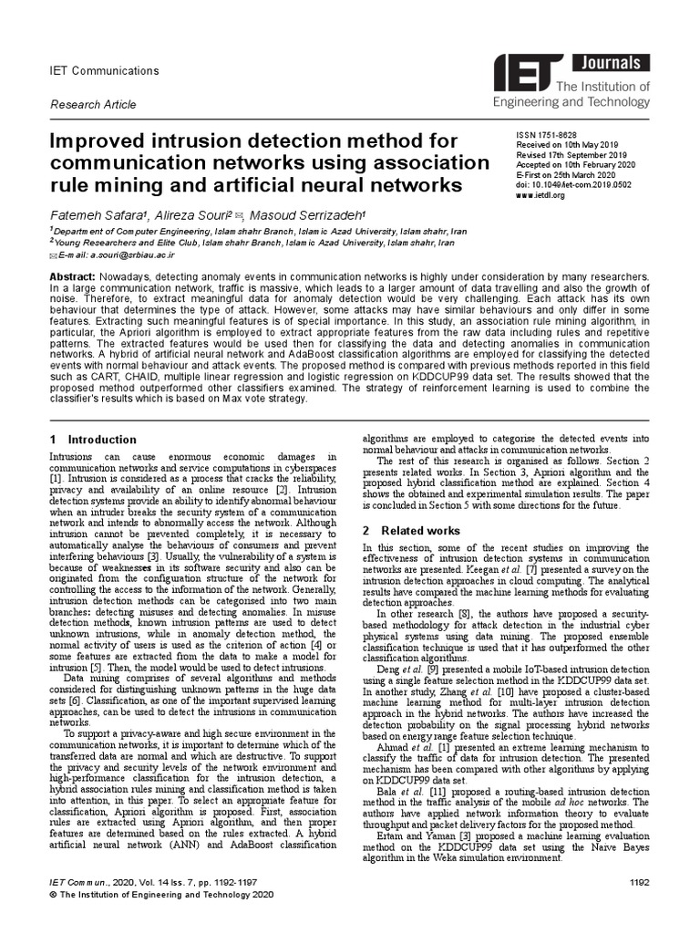 IET Communications - 2020 - Safara - Improved Intrusion Detection ... IET Communications - 2020 - Safara - Improved Intrusion Detection ...
