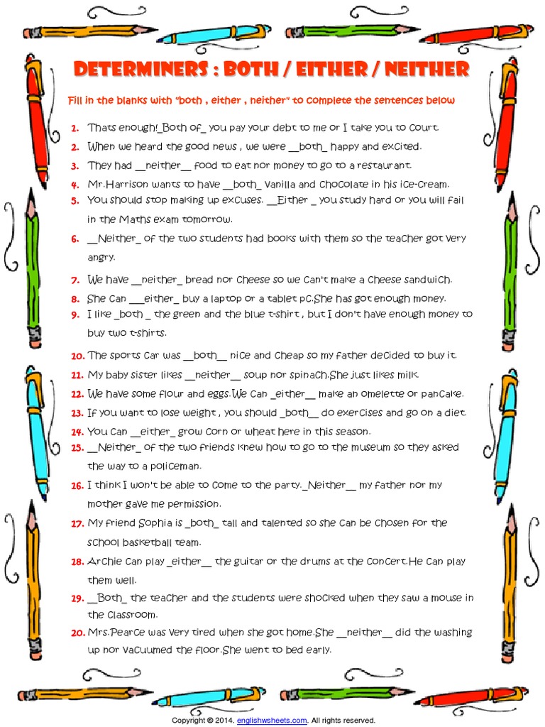 Determiners Both Either Neither Grammar Esl Exercises Worksheet | PDF ...