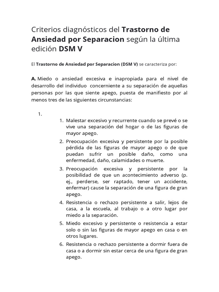 Criterios DSM V para Ansiedad por Separación | PDF