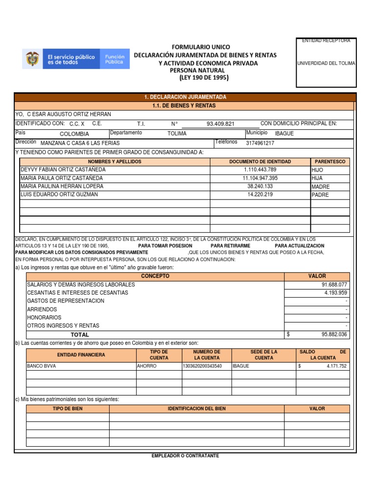 Formulario Unico Declaración Juramentada de Bienes Y Rentas Y Actividad ...