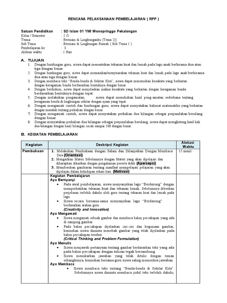 RPP Tema Bermain Di Lingkunganku Tema 2 | PDF