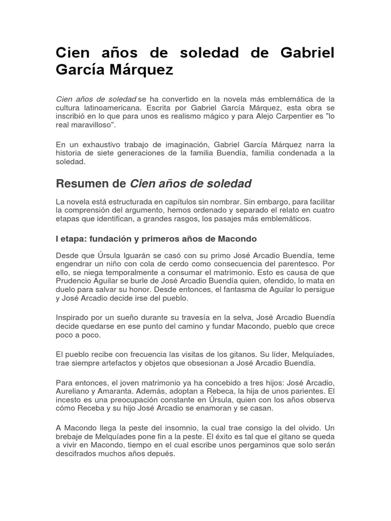 Cien años de soledad: Resumen y análisis | PDF | Literatura latinoamericana