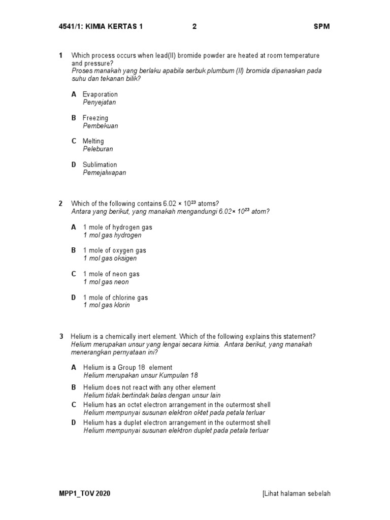 Kimia Kertas 1 Pep Awal Tahun Spm Terengganu 2020 Soalan Pdf