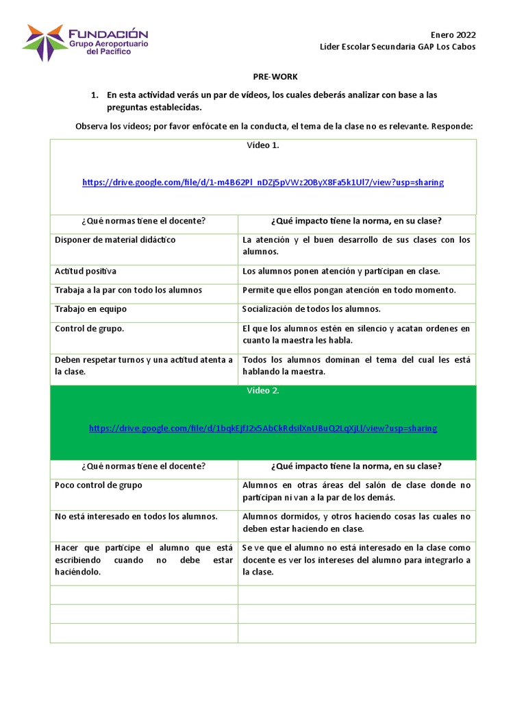 Prework - Líder Escolar Secundaria GAP Los Cabos | PDF | Aprendizaje ...