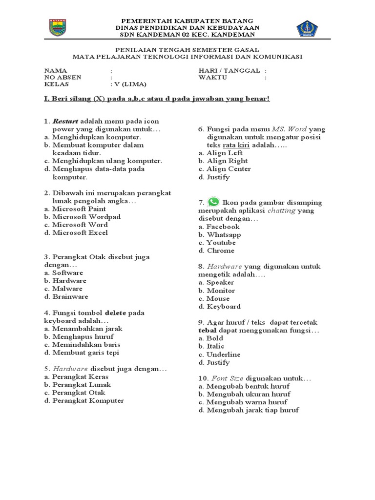 Soal UTS TIK Kelas 5 - 1 | PDF