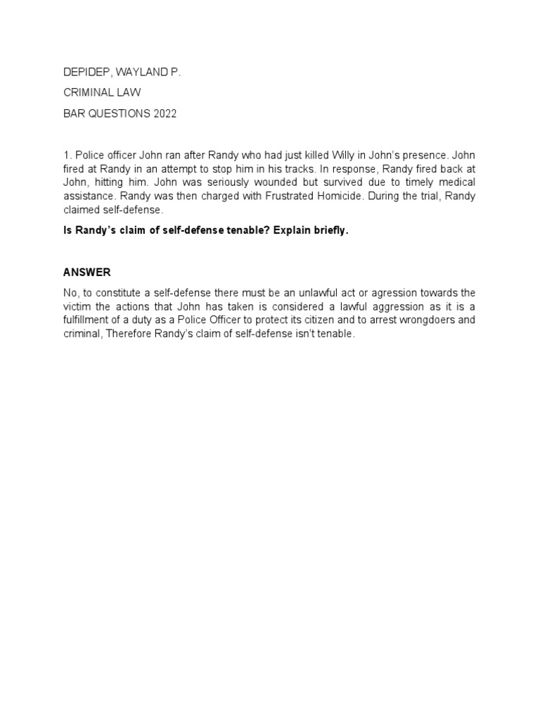 Depidep, Wayland Criminal Law Bar Exam Questions 2022 | PDF | Murder ...