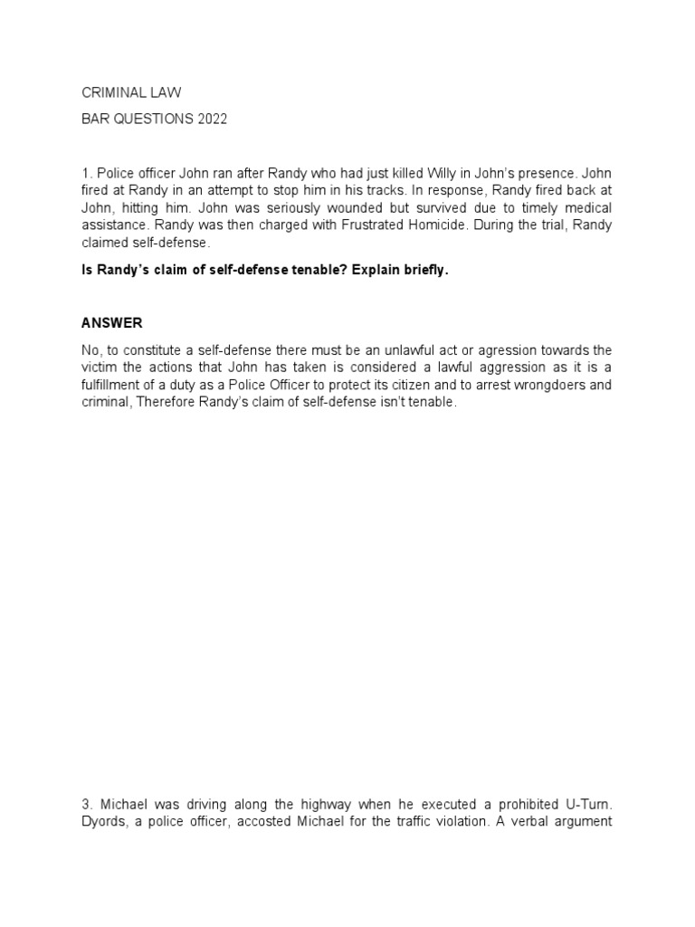 Criminal Law Bar Exam Questions 2022 | PDF