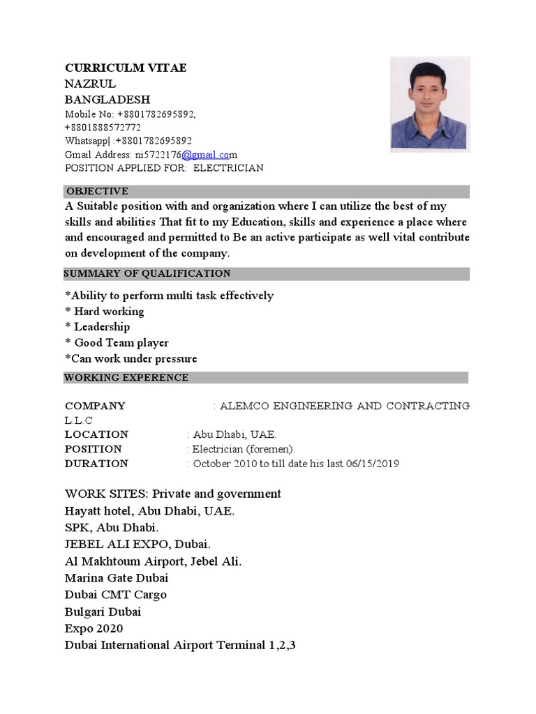 Electrician CV - Nazrul Bangladesh | PDF | Electrical Wiring | United ...