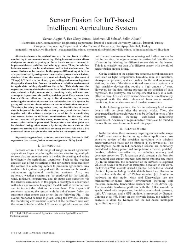 Sensor Fusion For Iot Based Intelligent Agriculture System Pdf