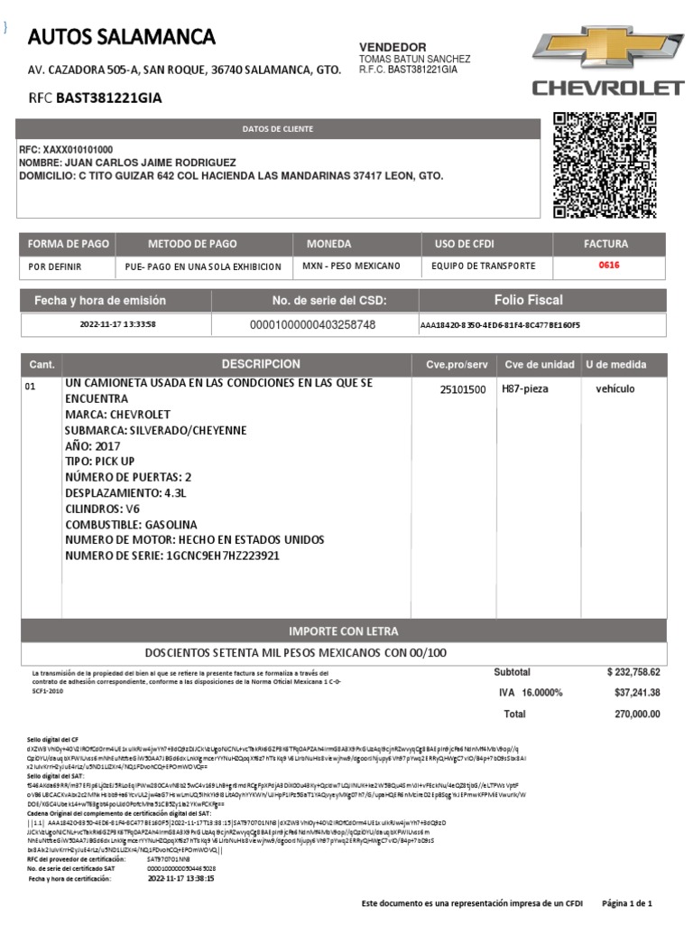 Folio Fiscal en Factura de Auto | PDF | Transporte | Vehículos