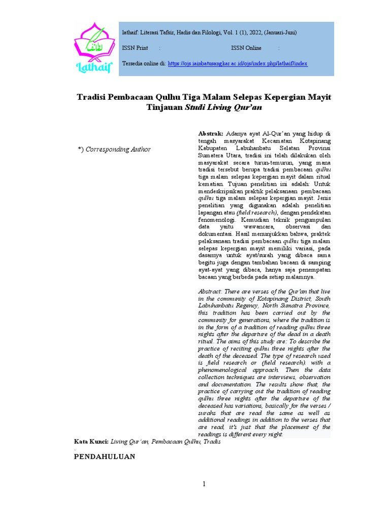Tradisi Membaca Qulhu Tiga Malam Setelah Kematian: Studi Kasus di ...