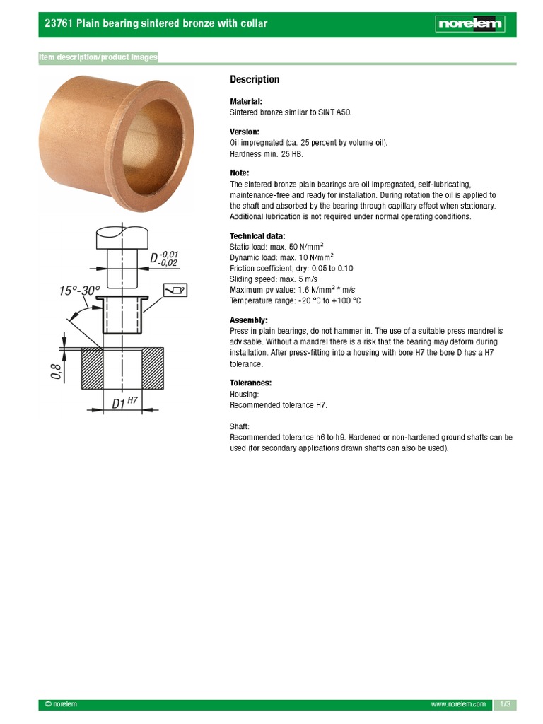 23761 Datasheet 16523 Plain Bearing Sintered Bronze With Collar--En ...