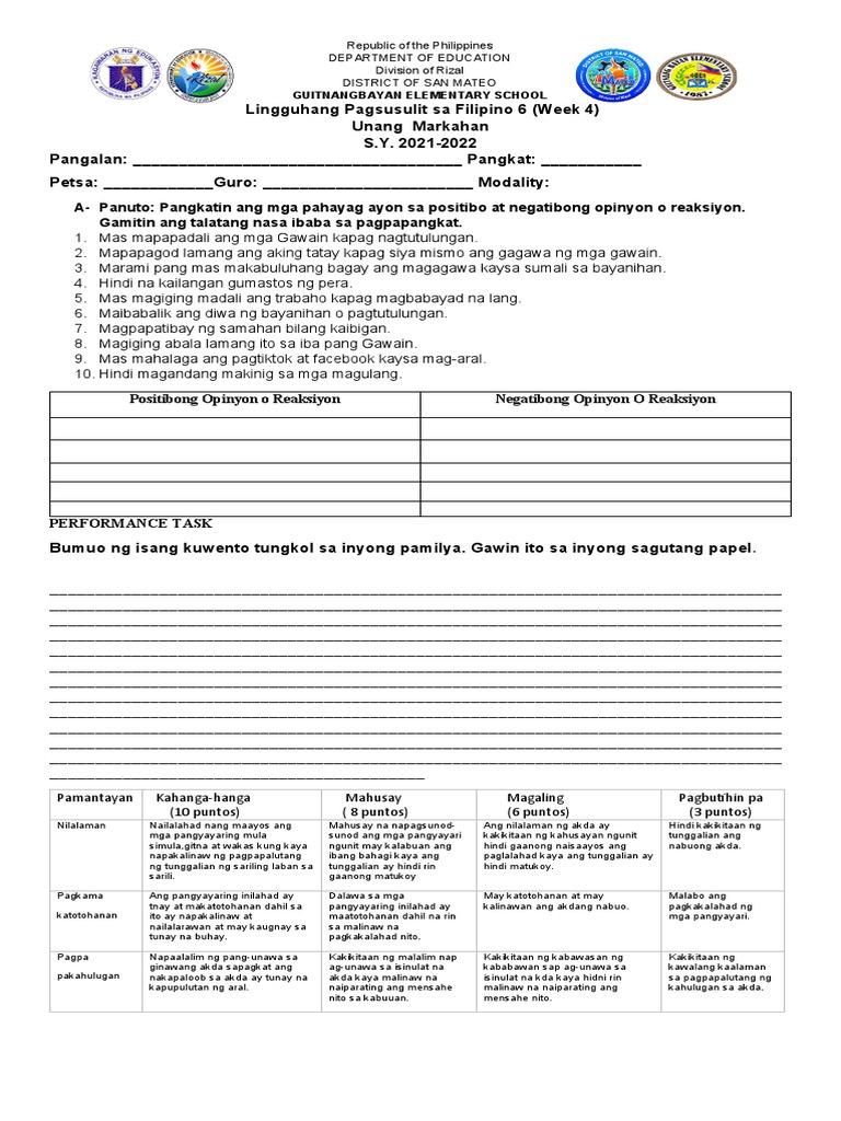 Q1 Lingguhang Pagsusulit Sa Filipino 6 Week4 | PDF