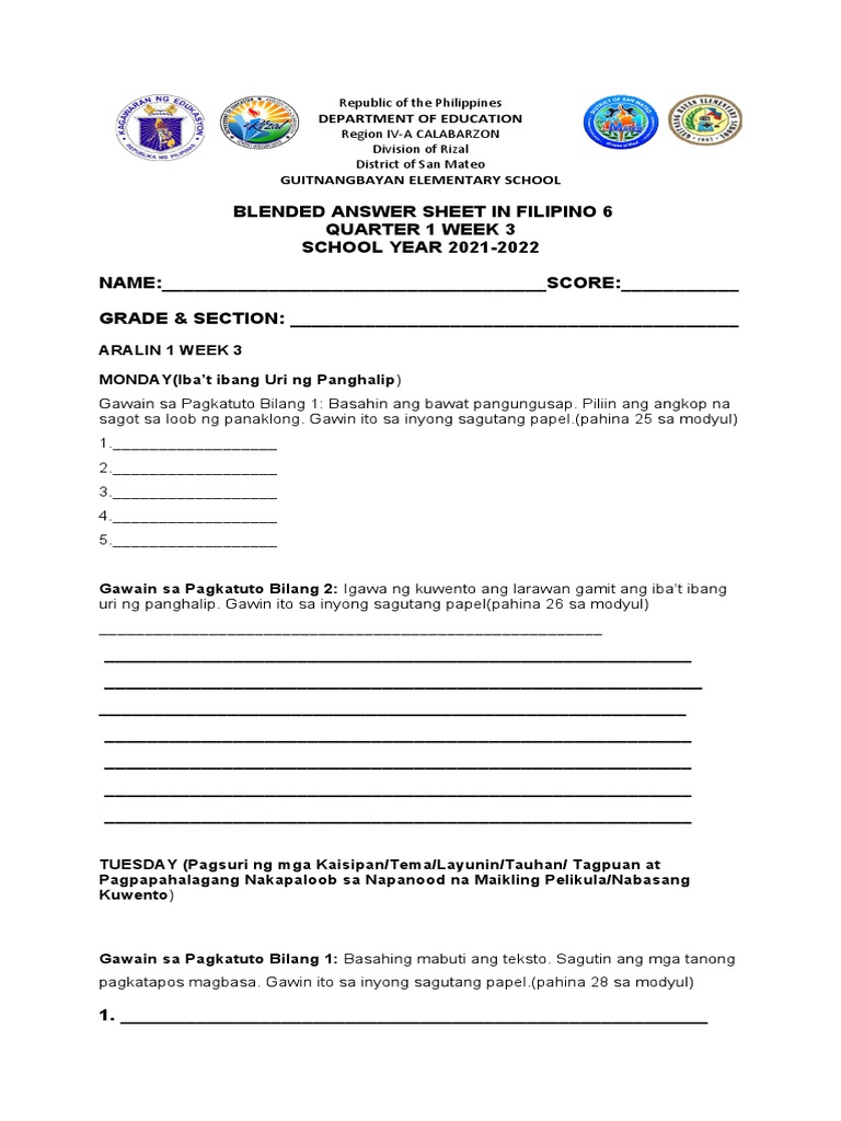 Blended Q1 W3 ANSWERSHEET FILIPINO 6 | PDF
