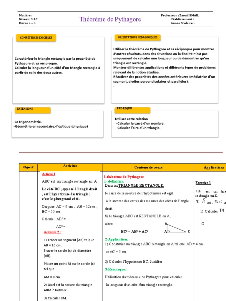 Theoreme de Pythagore Fiches Pedagogiques Maths 3AC Word 2 | PDF