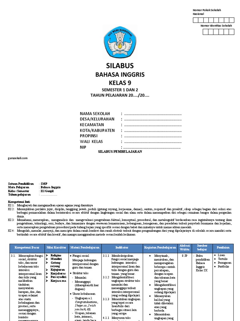 Silabus Bahasa Inggris Kelas 9 Semester 1 Dan 2 | PDF