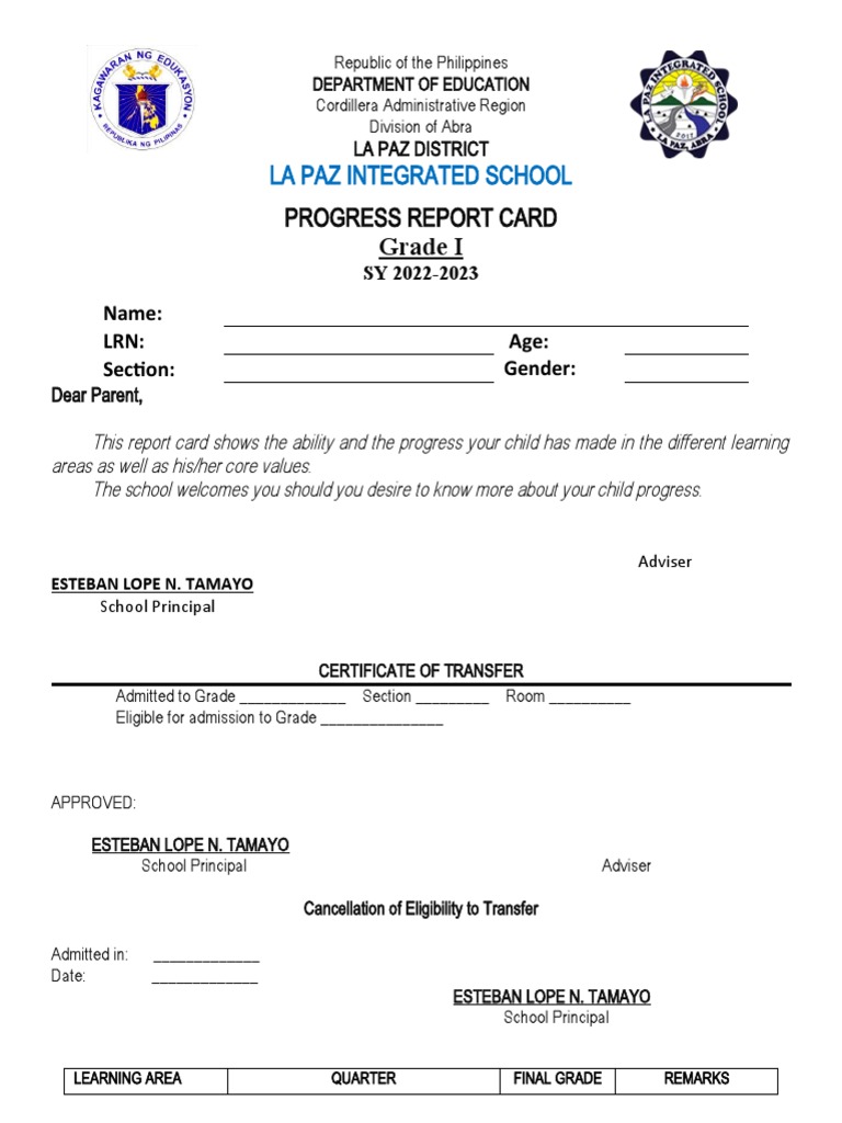 Grade I Progress Report Card 2022-2023 | PDF | Psychology | Behavioural ...