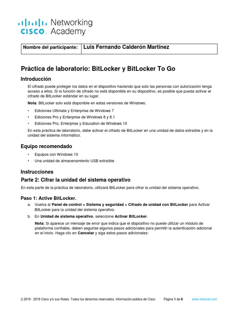 Laboratorio: Cifrado con BitLocker | PDF | Ventana (informática) | Cifrado
