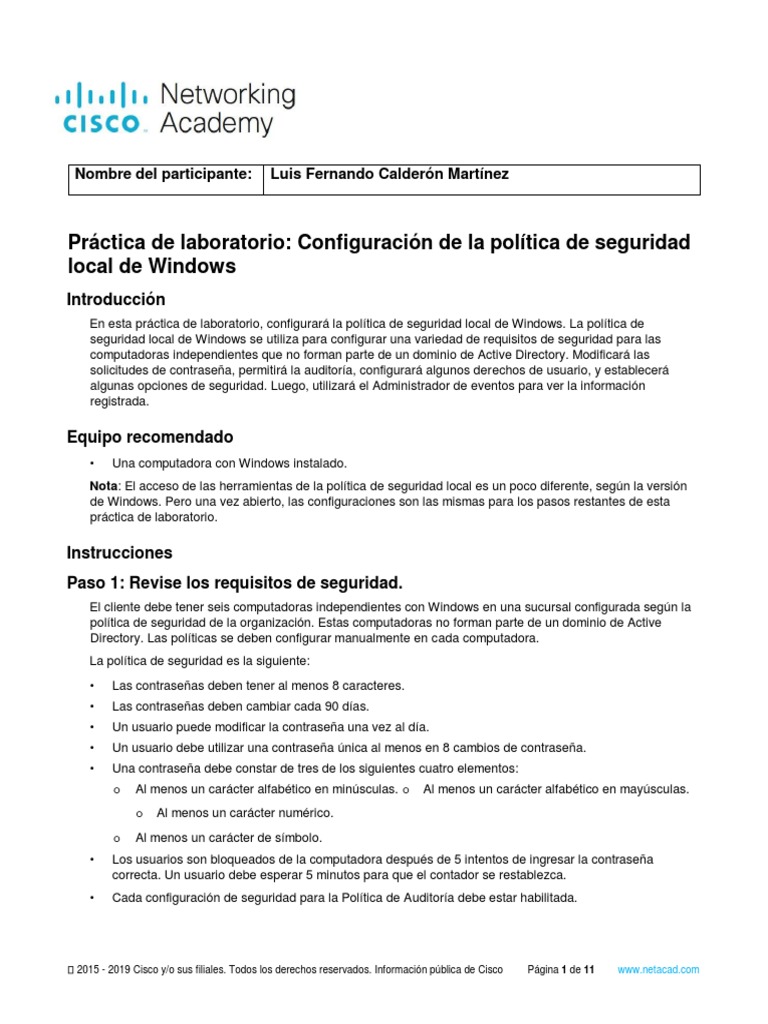 13 3 2 5 Lab Configure Windows Local Security Policy Pdf Contraseña Usuario Informática