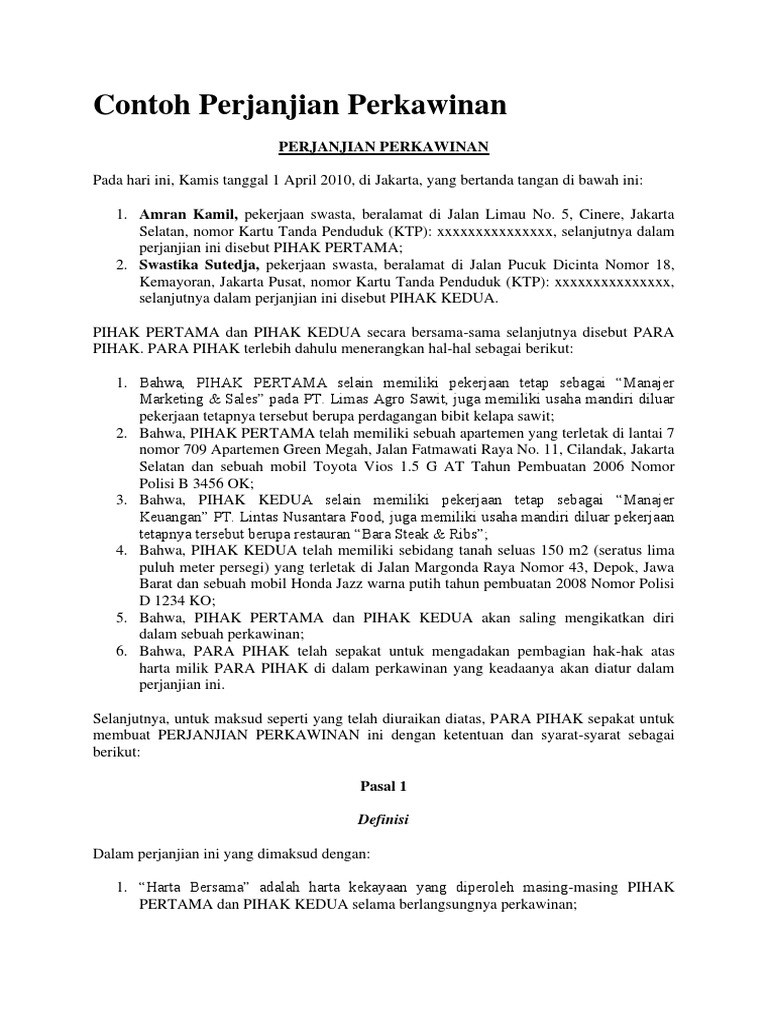 Contoh Perjanjian Perkawinan | PDF