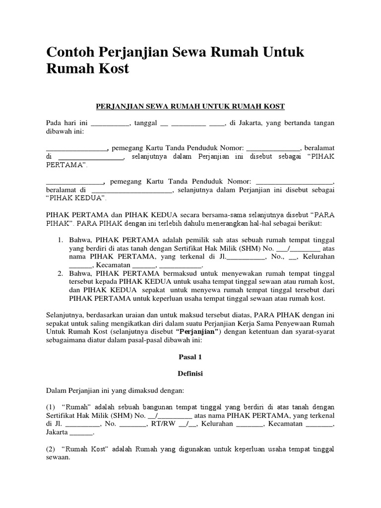 Contoh Perjanjian Sewa Rumah Untuk Rumah Kost | PDF