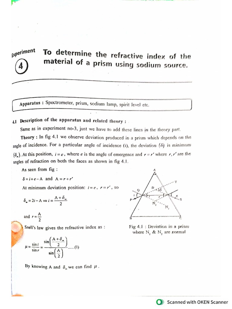 To Determine The Refractive Index of The Material If A Prism Using Sodium Source | PDF