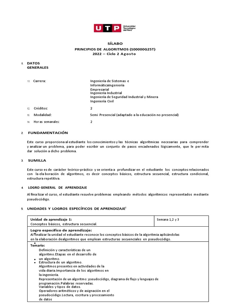 SILABO - PrincipiosDeAlgoritmos | PDF | Algoritmos | Ciencias de la Computación
