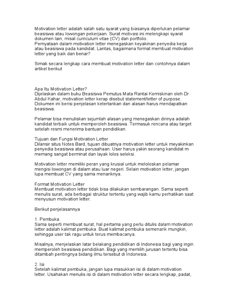 Motivation Letter Adalah Salah Satu Syarat Yang Bi | PDF