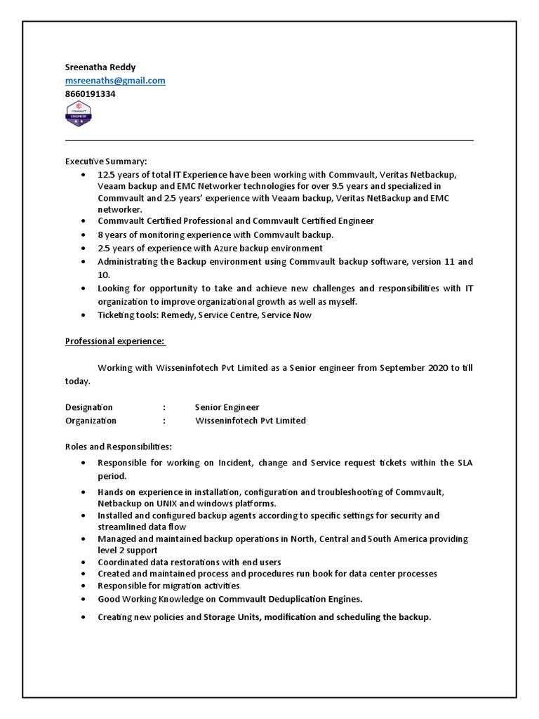 Commvault Admin Resume | PDF