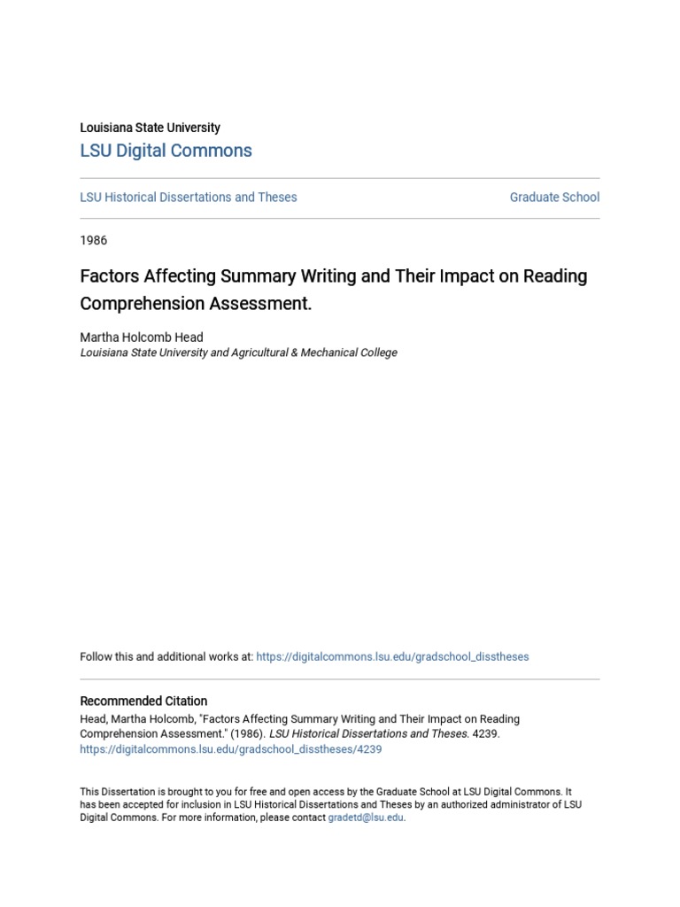 Factors Affecting Summary Writing and Their Impact On Reading Com | PDF ...