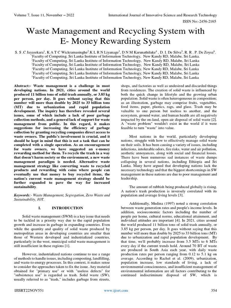 Waste Management and Recycling System With E - Money Rewarding System ...