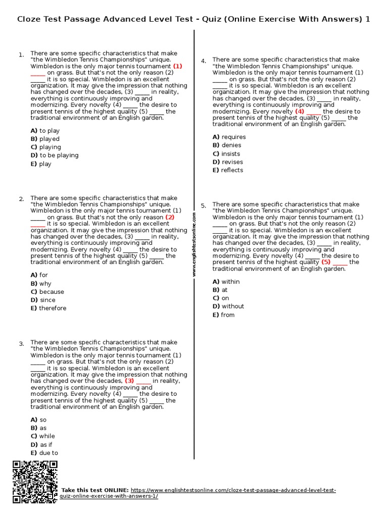 365 Cloze Test Passage Advanced Level Test Quiz Online Exercise With ...