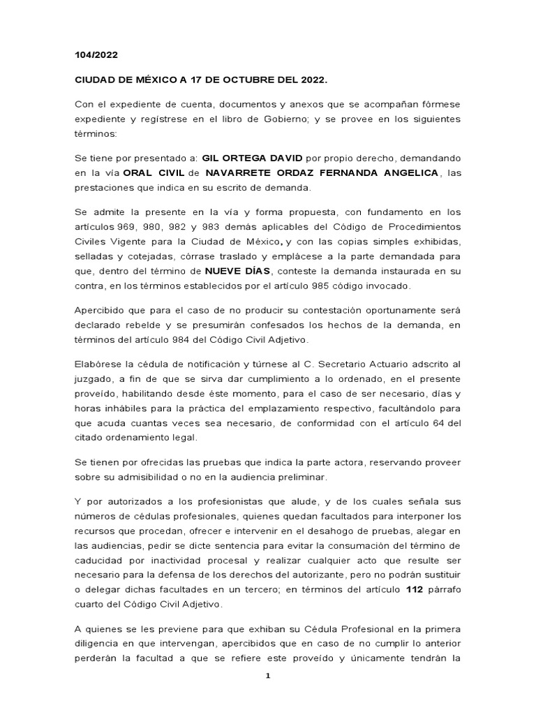 Auto Admisorio Civil | PDF | Gobierno | Justicia