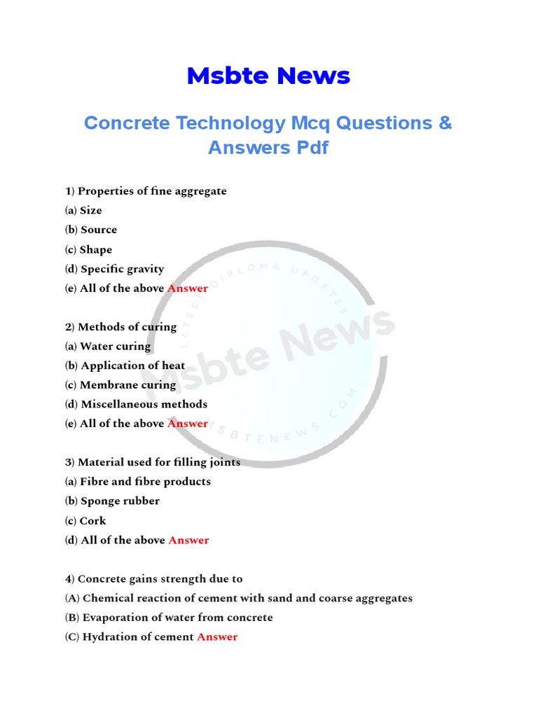 Concrete Technology MCQ Questions Answers PDF | PDF | Technology & Engineering