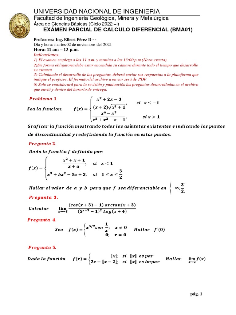 Examen Parcial CALCULO DIFERENCIAL 21-2 | PDF