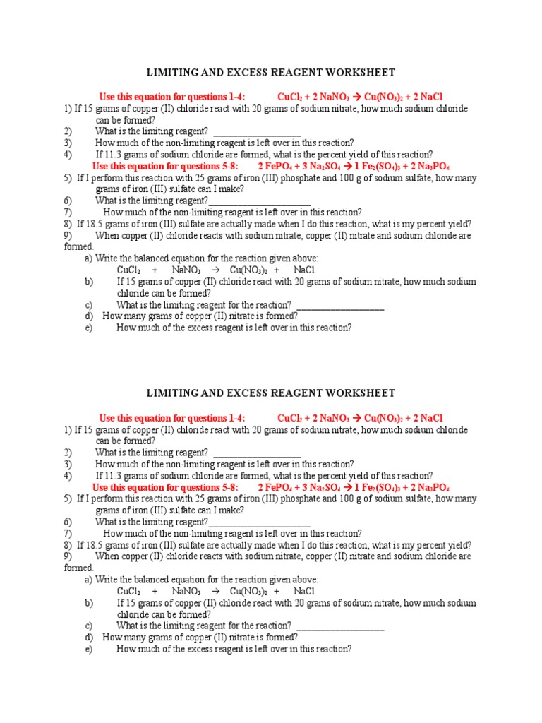 Limiting and Excess Reagent Worksheet | PDF