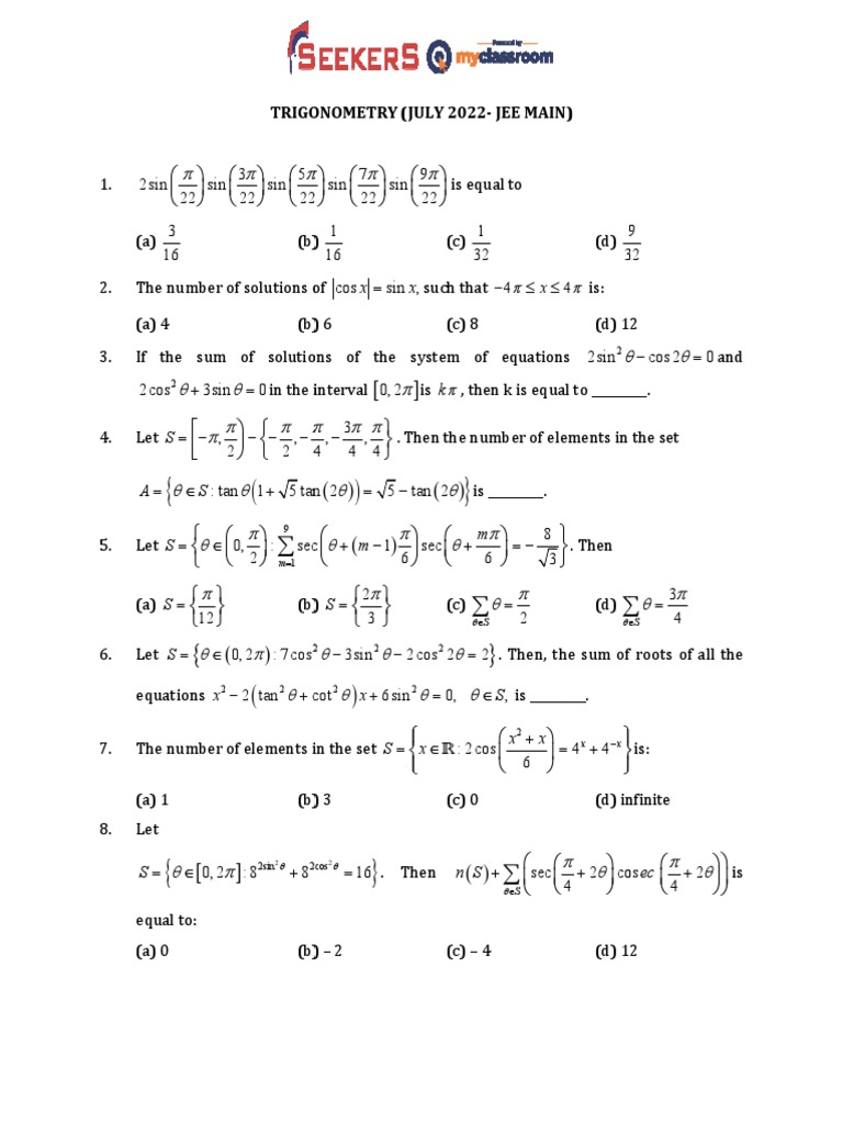 TRIGONOMETRY - JEE Main - July 2022 | PDF | Trigonometric Functions ...