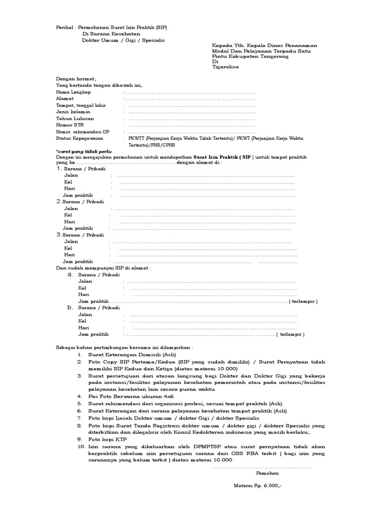 Formulir Permohonan SIP Dokter Praktek Formulir OK | PDF