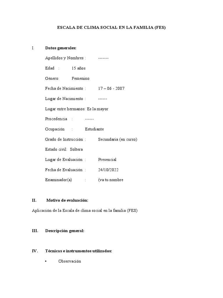 Escala de Clima Social en La Familia (Fes) | PDF